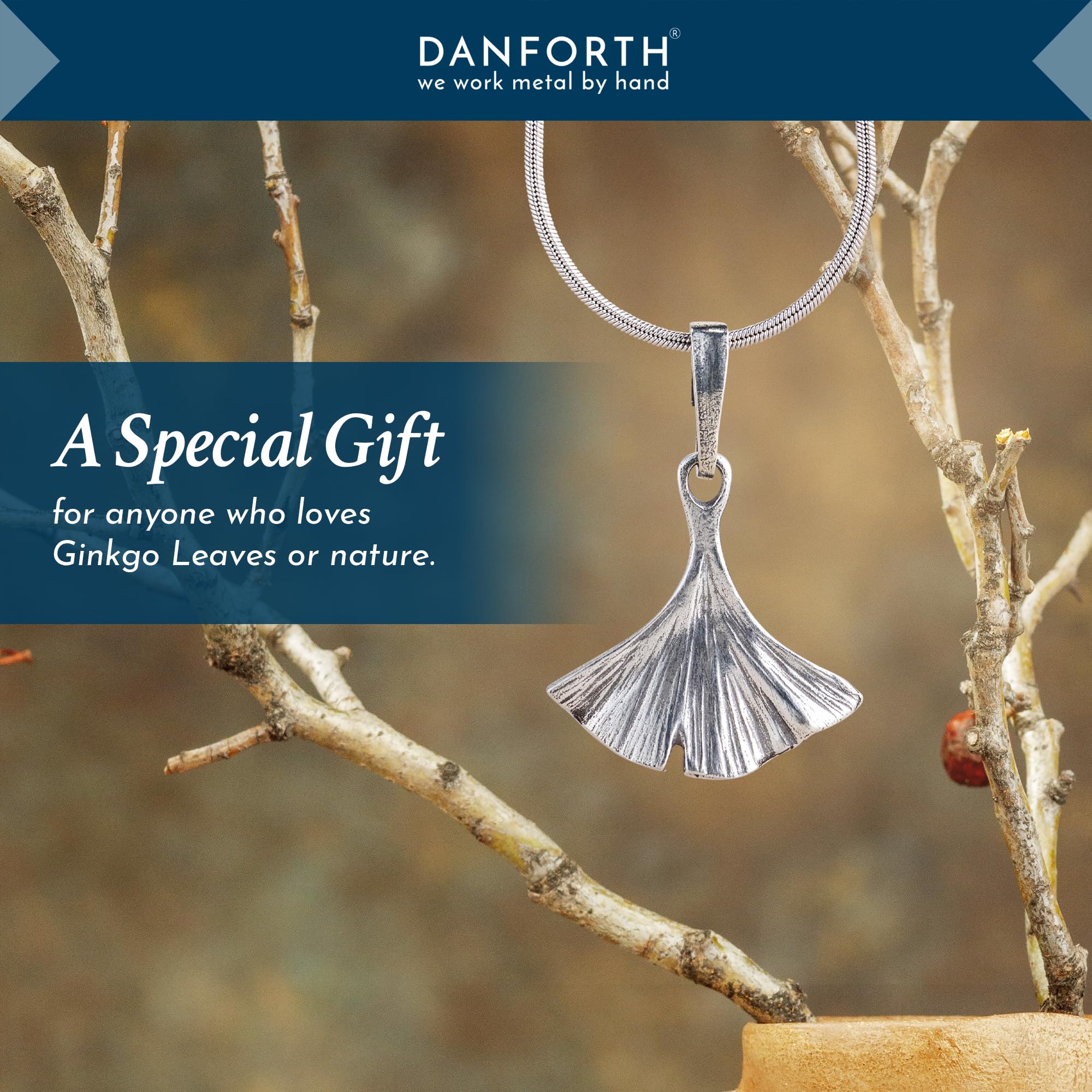 DANFORTH – Ginkgo Leaf Necklace – Pewter Nature Pendant & 18 In Sterling Silver Snake Chain, Nickel-Free – Trendy Boho Jewelry For Women – Handmade Necklaces for Women – Made In USA