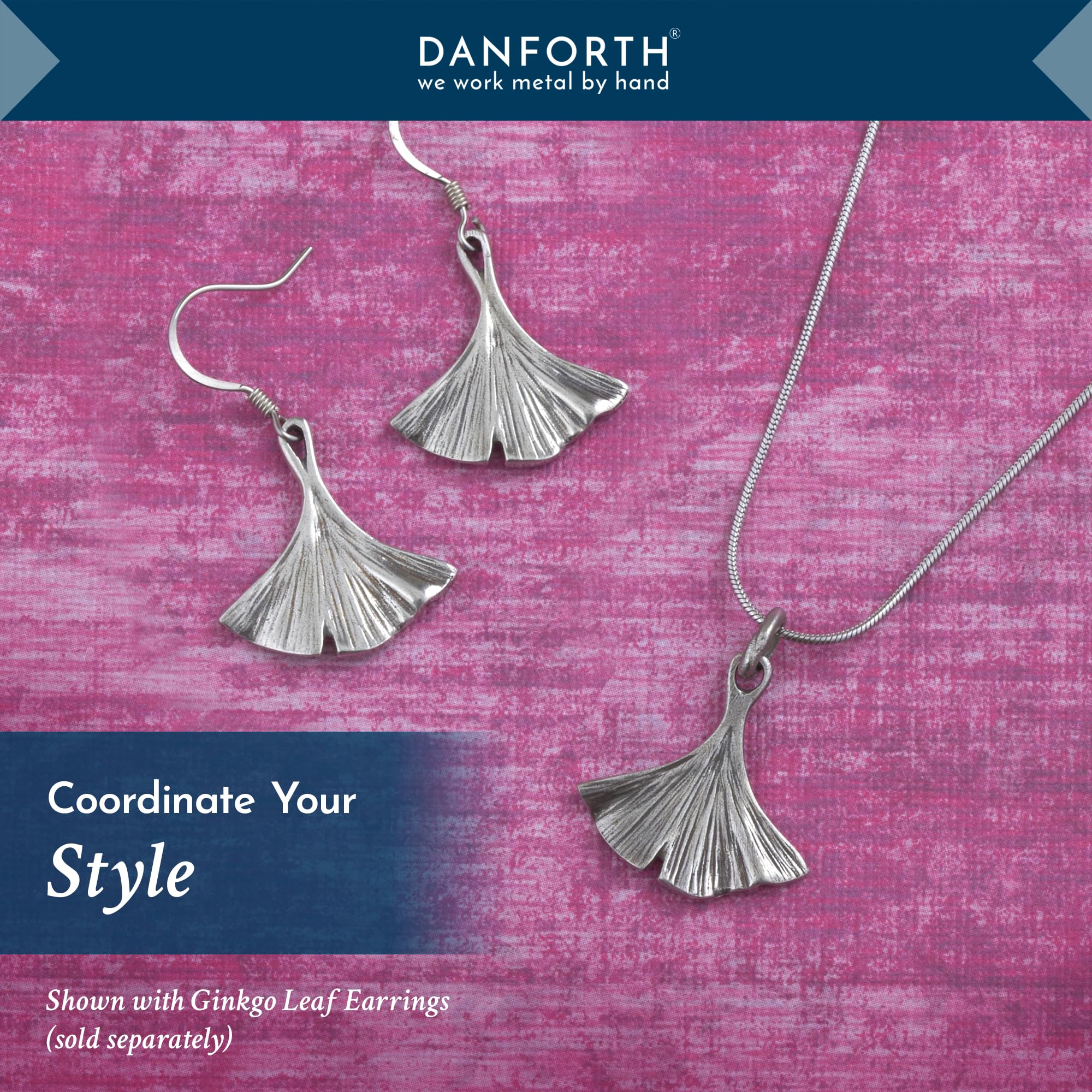 DANFORTH – Ginkgo Leaf Necklace – Pewter Nature Pendant & 18 In Sterling Silver Snake Chain, Nickel-Free – Trendy Boho Jewelry For Women – Handmade Necklaces for Women – Made In USA
