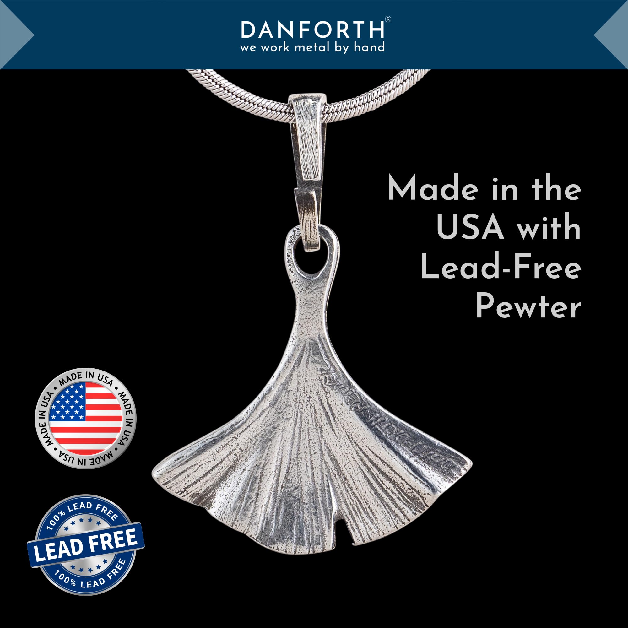 DANFORTH – Ginkgo Leaf Necklace – Pewter Nature Pendant & 18 In Sterling Silver Snake Chain, Nickel-Free – Trendy Boho Jewelry For Women – Handmade Necklaces for Women – Made In USA