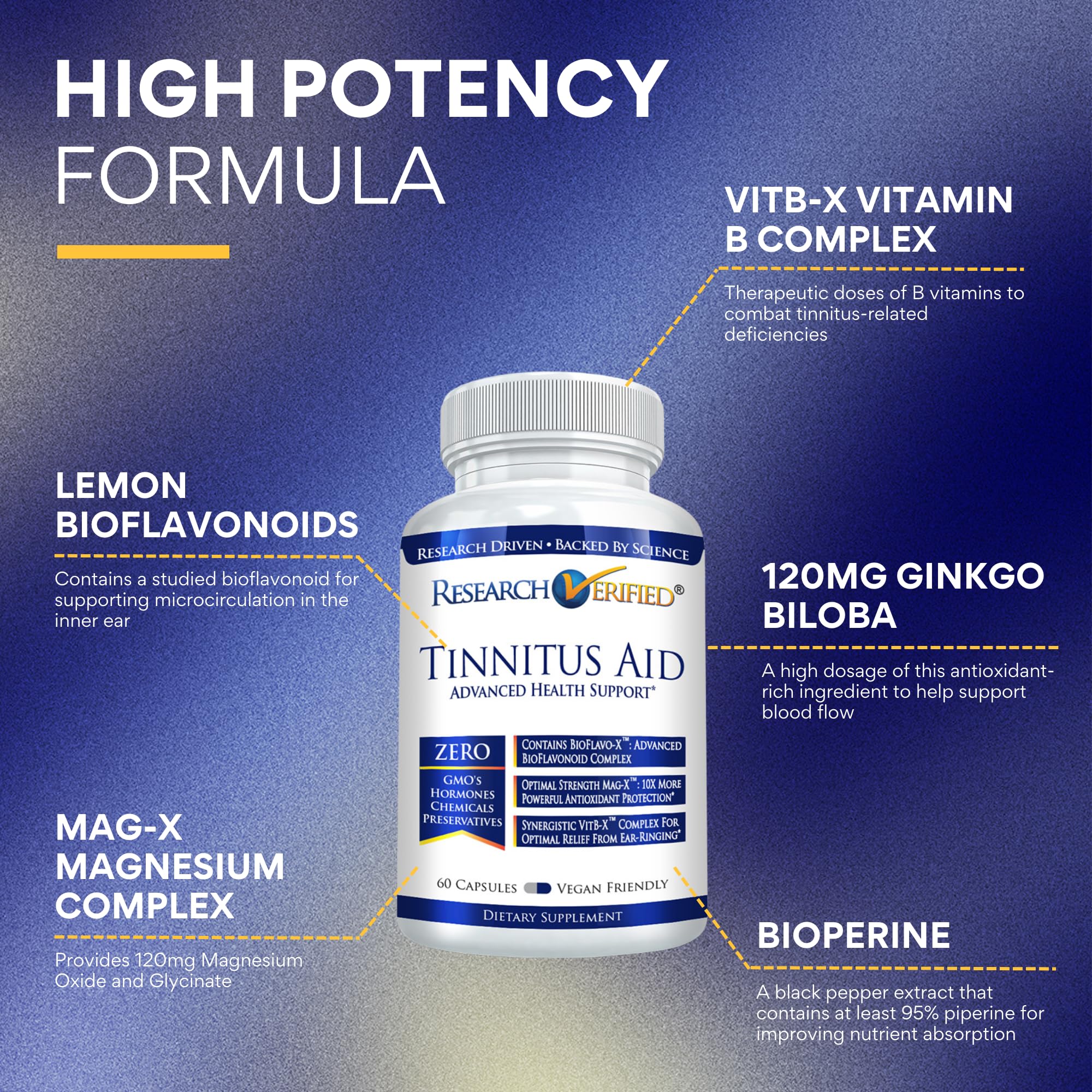 Research Verified Tinnitus Aid - Lessen Internal Ringing - Ginkgo Biloba, Vitamin C, Full Spectrum B Complex Blend, Magnesium - 60 Capsules - Vegan - Made in The USA