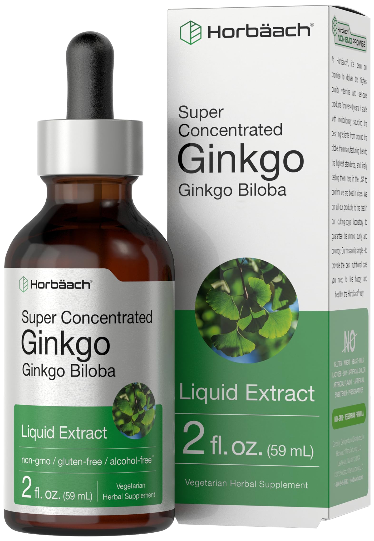 Horbäach Ginkgo Biloba Extract Liquid | 2 fl oz | Alcohol Free Leaf Extract Supplement | Vegetarian, Non-GMO, Gluten Free