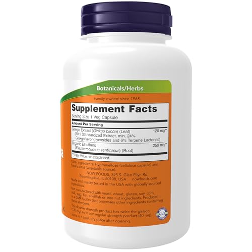 NOW Foods Supplements, Ginkgo Biloba 120 mg, Double Strength, Non-GMO Project Verified, 200 Veg Capsules