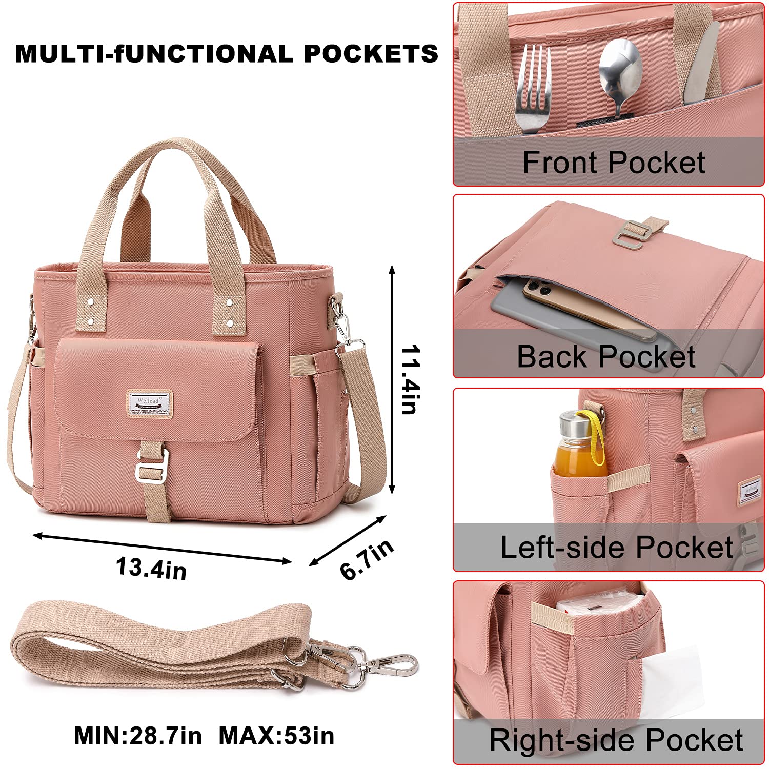 Weitars Lunch Bag for Women Work,Insulated Lunch Box Extra Large Lunch Tote Bag,Wide-Open Tote Cooler Bag With Removable Shoulder Strap with Side Pocket,Lunchbag For Picnic Hiking School Beach