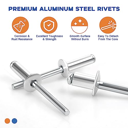 500pcs 14 Sizes Aluminum Blind Rivets, Pop Rivets Assortment Kit, Aluminum Grip and Carbon Steel Mandrel, Common Assorted Blind Rivets with Reinforced Divider & Labeled Case (Silver)