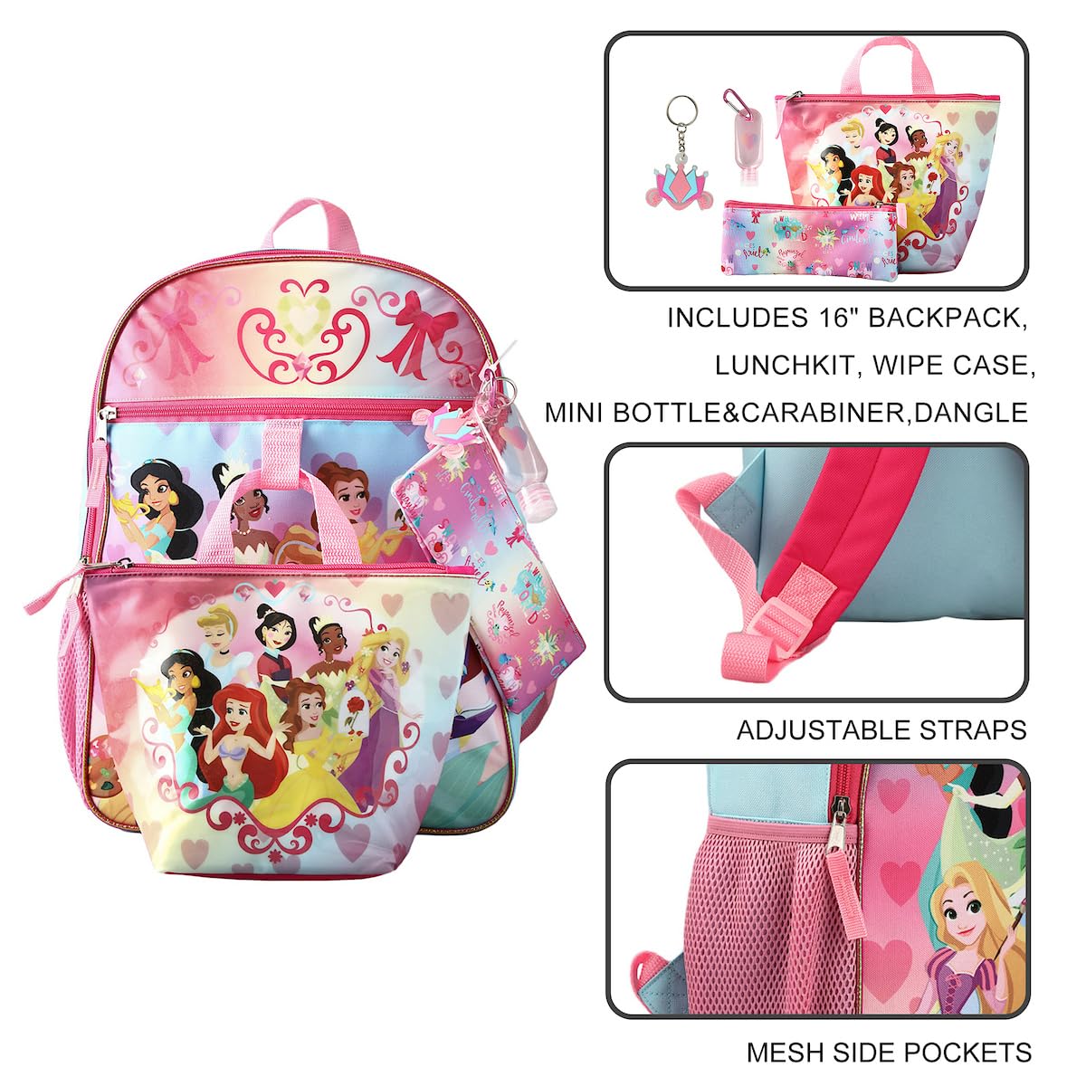 Disney Princesses Backpack With Lunch box set for kids 6 Piece