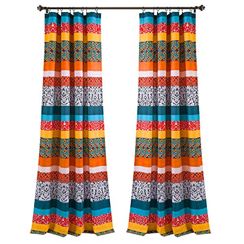 Lush Decor Boho Stripe Window Curtain Bohemian Geomatric Floral Design Panel Pair, 52" W x 84" L, Turquoise & Tangerine