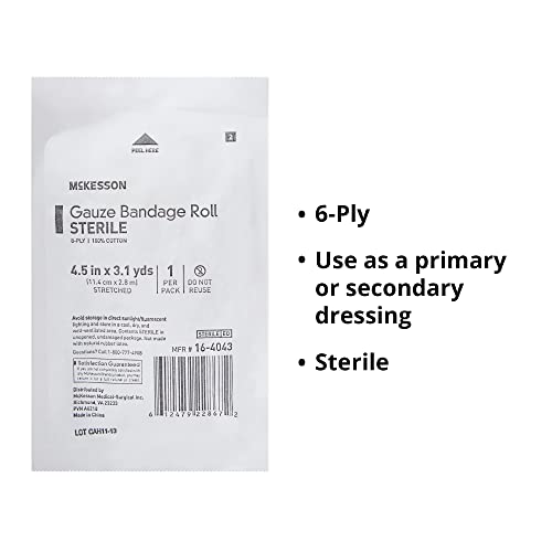 McKesson Sterile 6-Ply Fluff-Dried Cotton Gauze Bandage Roll, 4.5 inches x 3.1 Yards
