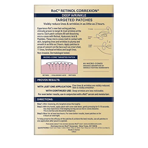 RoC Retinol Correxion Deep Wrinkle Non-Invasive Targeted Patches with Hyaluronic Acid + Firming Peptides for Forehead and Between Eyes, 3 Pouches of 2 Patches Each + 1 Packette of Eye Cream