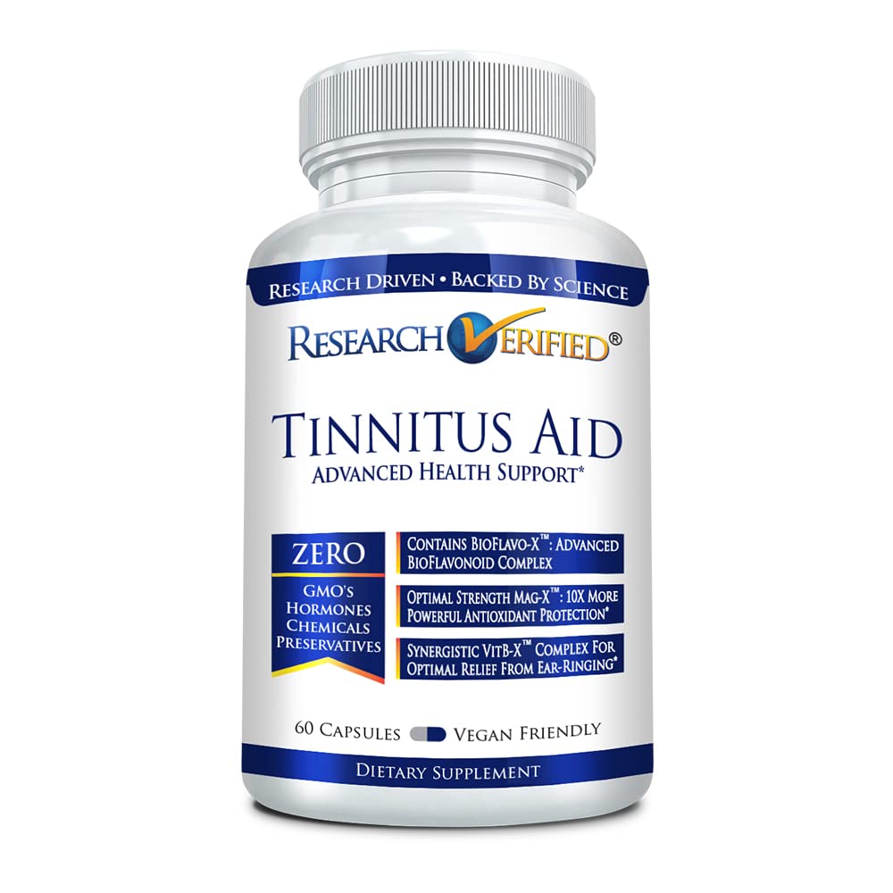 Research Verified Tinnitus Aid - Lessen Internal Ringing - Ginkgo Biloba, Vitamin C, Full Spectrum B Complex Blend, Magnesium - 60 Capsules - Vegan - Made in The USA