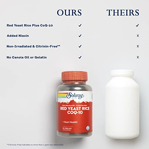 SOLARAY Red Yeast Rice Plus CoQ-10 & No-Flush Niacin Vitamin B-3, Healthy Heart & Cardiovascular Support, Non-Irradiated & Citrinin Free, 60 Day Money Back Guarantee, 90 Servings, 90 VegCaps