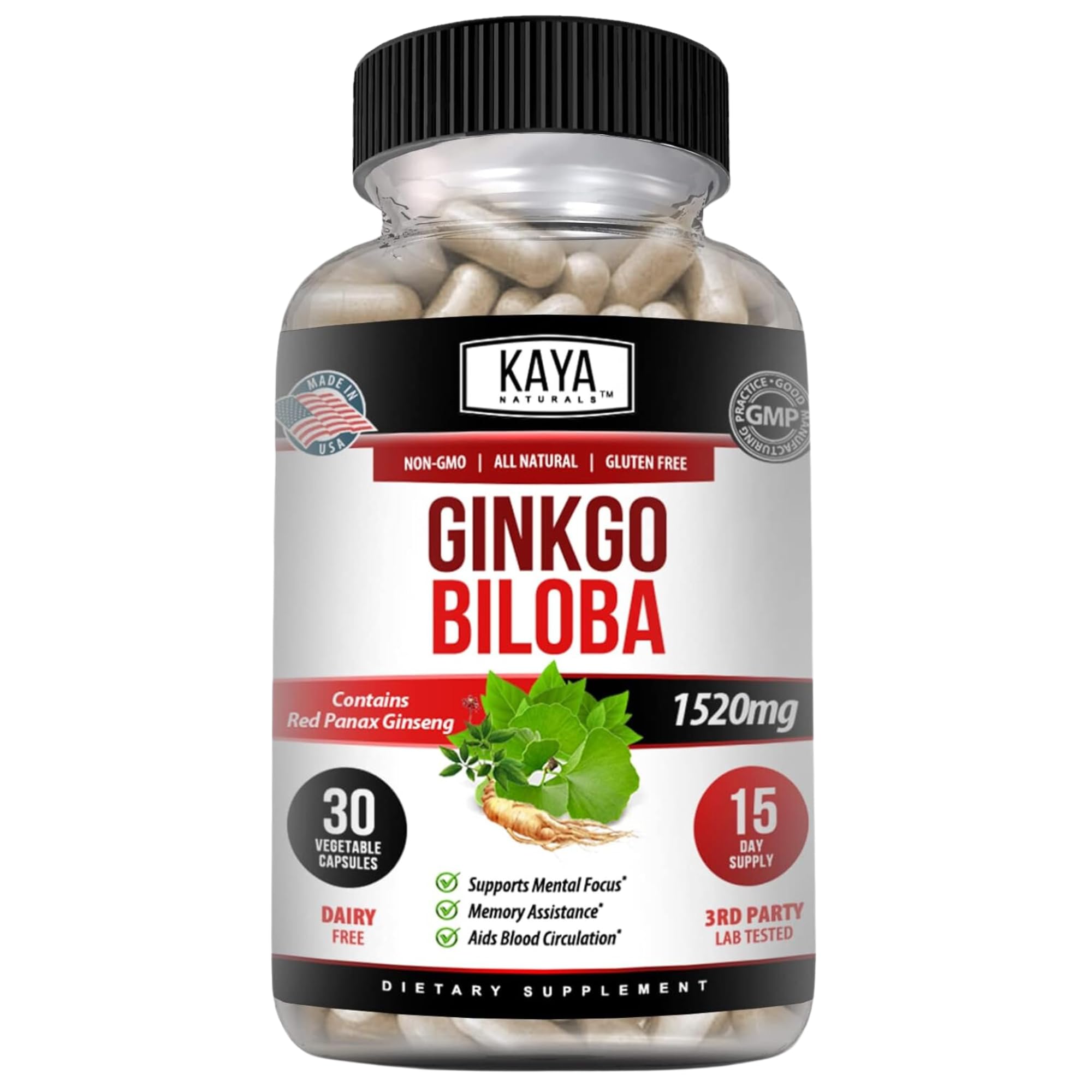 Kaya Naturals Red Panax Ginseng + Ginkgo Biloba | Nootropic Brain Supplement | Cognitive and Concentration Support | Brain Booster, Focus, and Memory Supplement | 30 Capsules
