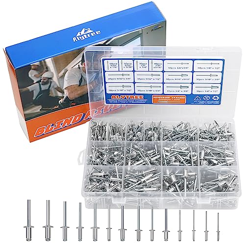 500pcs 14 Sizes Aluminum Blind Rivets, Pop Rivets Assortment Kit, Aluminum Grip and Carbon Steel Mandrel, Common Assorted Blind Rivets with Reinforced Divider & Labeled Case (Silver)