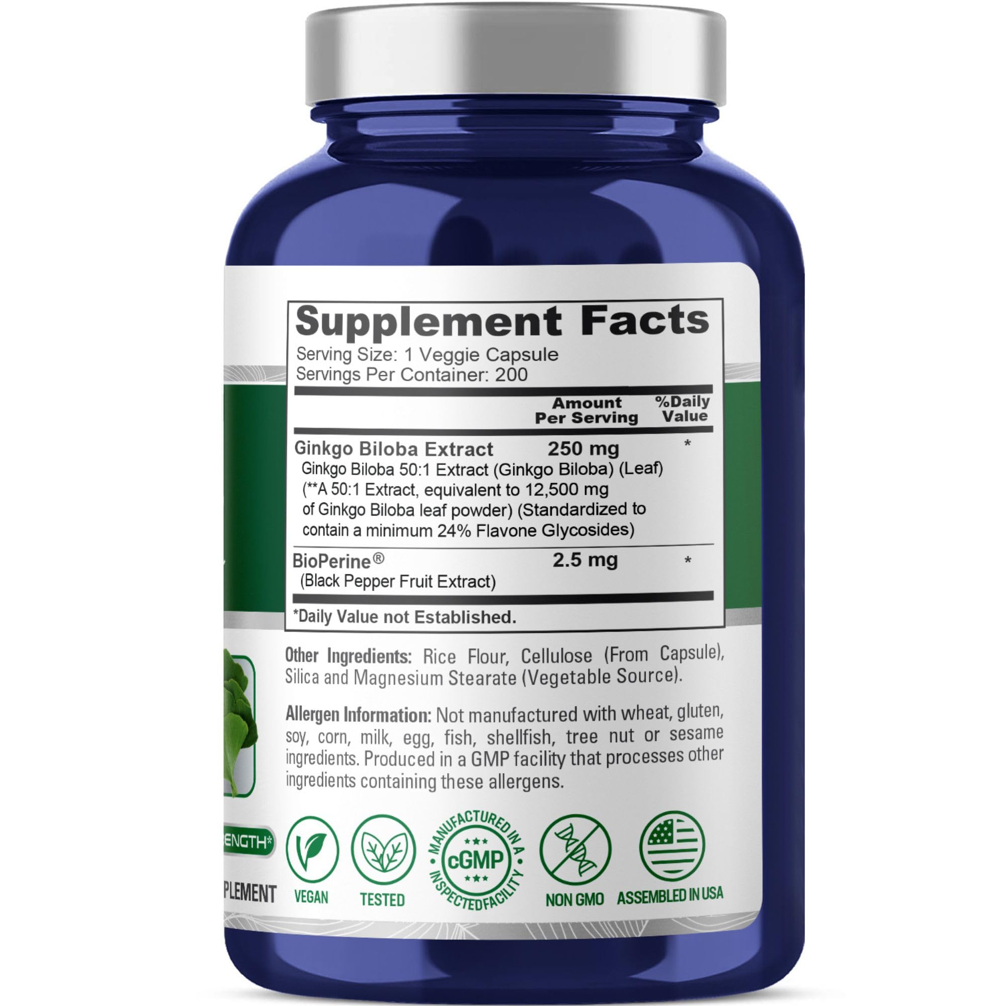NusaPure Ginkgo Biloba Extract 12,500mg per Veggie Caps 200 Capsules (Vegetarian, Non-GMO, Vegan, Extract 50:1) Bioperine