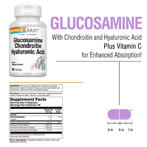 SOLARAY Glucosamine Chondroitin Hyaluronic Acid | Healthy Joint Comfort & Mobility with Vitamin C | 30 Serv, 90 VegCaps