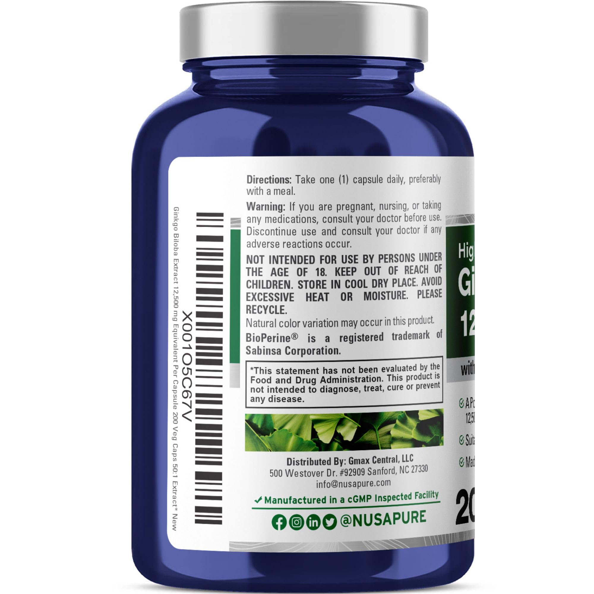 NusaPure Ginkgo Biloba Extract 12,500mg per Veggie Caps 200 Capsules (Vegetarian, Non-GMO, Vegan, Extract 50:1) Bioperine