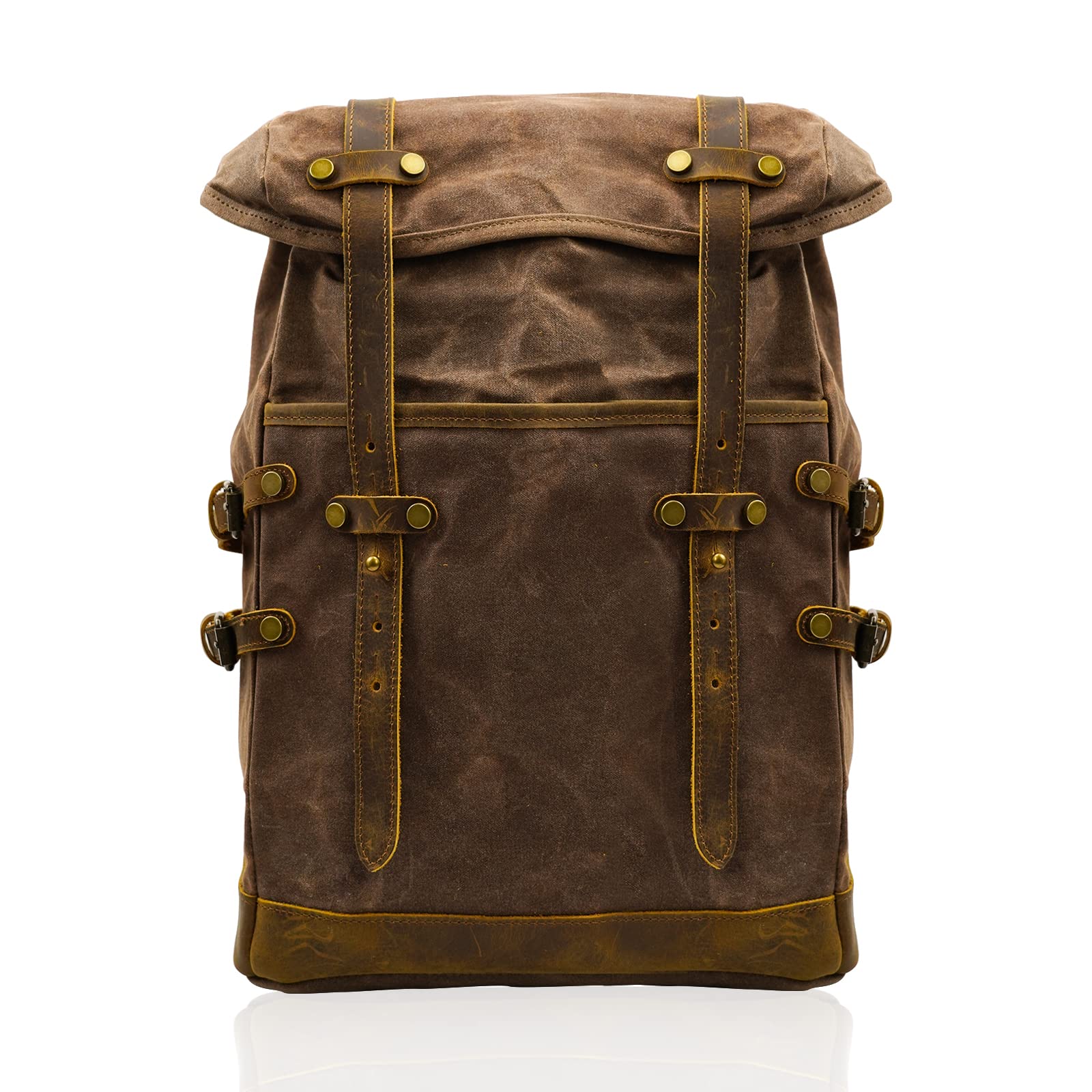 Waxed Canvas Leather Hiking Travel Waterproof Backpack for School Weekend Travel Fit 15in laptops (Coffee)