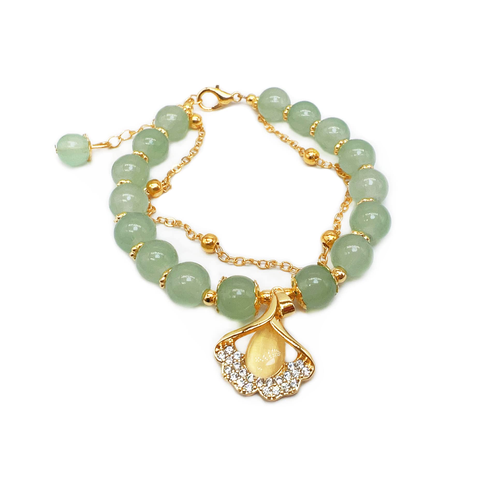 Natural Jade Bracelet for Women Hotan Jade Leaf Bracelet Natural 2-Layer Green Nephrite Jade Bracelet for Women Round Bead Design with Zircon Leaf Charm Bracelet,Lucky Jade Bracelet Ladies Jewelry (Ginkgo leaf)
