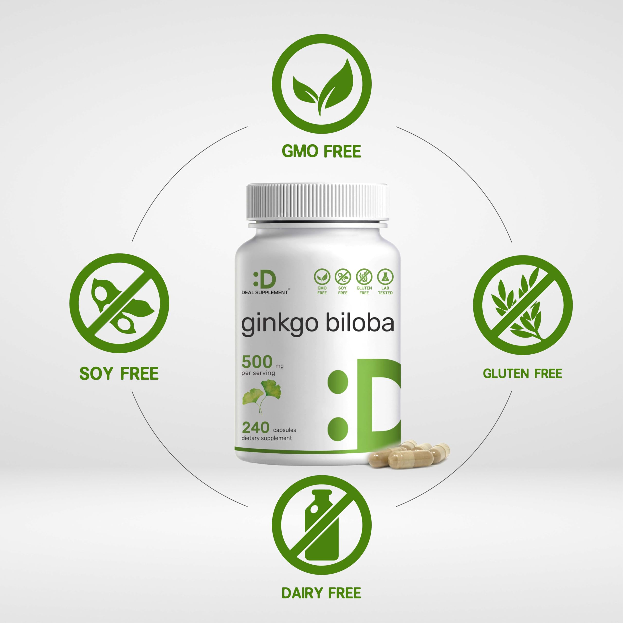 DEAL SUPPLEMENT Ginkgo Biloba 500mg Per Serving, 240 Capsules, 4 Month Supply β Grown in Northern Asia β Extra Strength, Promotes Brain Function