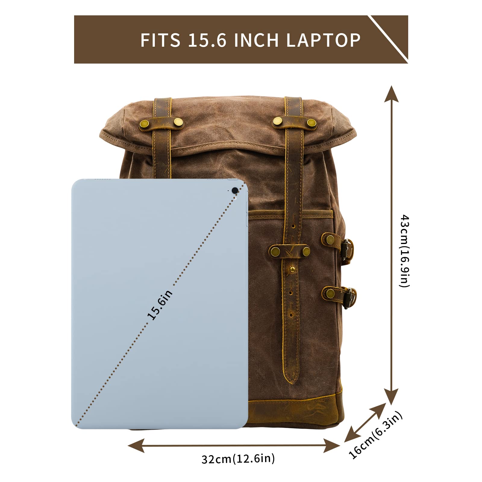 Waxed Canvas Leather Hiking Travel Waterproof Backpack for School Weekend Travel Fit 15in laptops (Coffee)