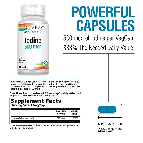 Solaray Iodine 500 mcg | May Help Support Healthy Thyroid Function, Metabolism, Focus and Energy | Non-GMO, Vegan | 30 VegCaps