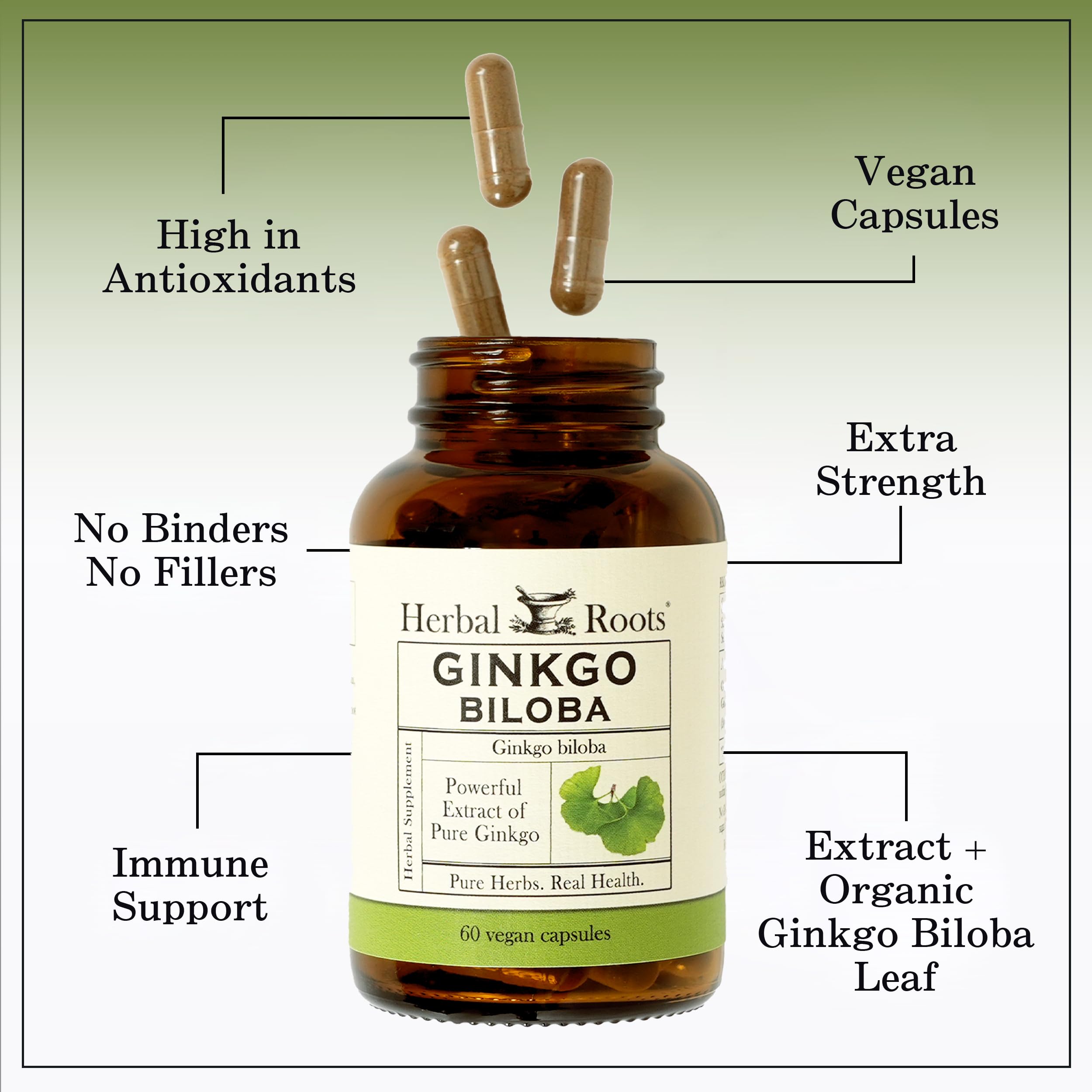 Herbal Roots Organic Ginkgo Biloba Made with Pure Organic Ginkgo Leaf - 1,400mg per Serving, 60 Vegan Capsules