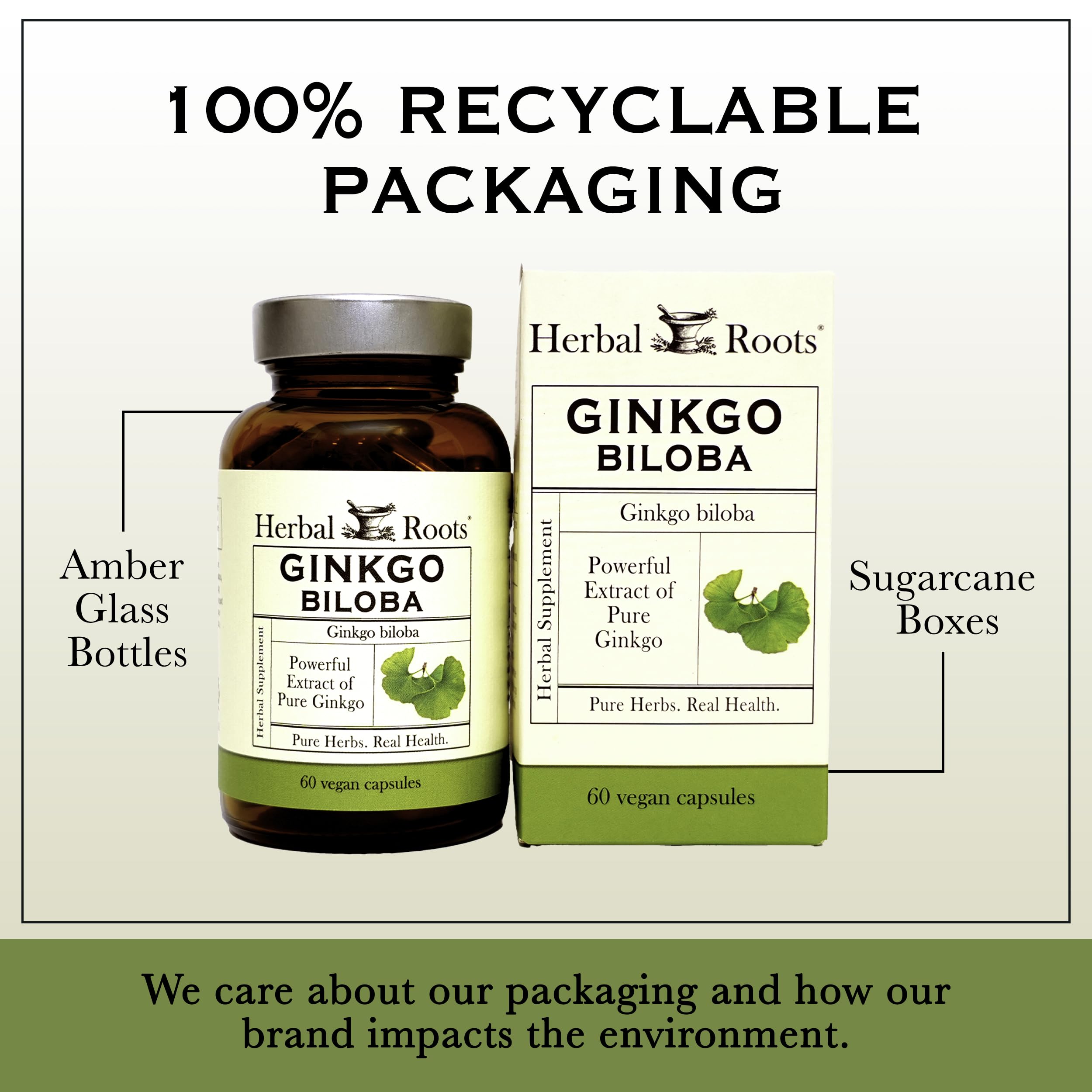 Herbal Roots Organic Ginkgo Biloba Made with Pure Organic Ginkgo Leaf - 1,400mg per Serving, 60 Vegan Capsules