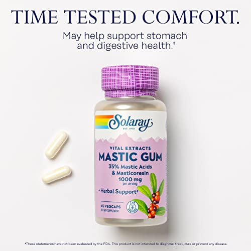 SOLARAY Mastic Gum 1000 mg, Gut Health and Digestion Supplement with 35% Mastic Acids and Masticoresins, Stomach Formula for Digestive Support, 60-Day Money Back Guarantee, 22 Servings, 45 VegCaps