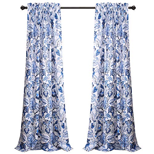 Lush Decor Cynthia Jacobean Room Darkening Window Panel Curtain Set (Pair), 84" L, Blue, 2 Count