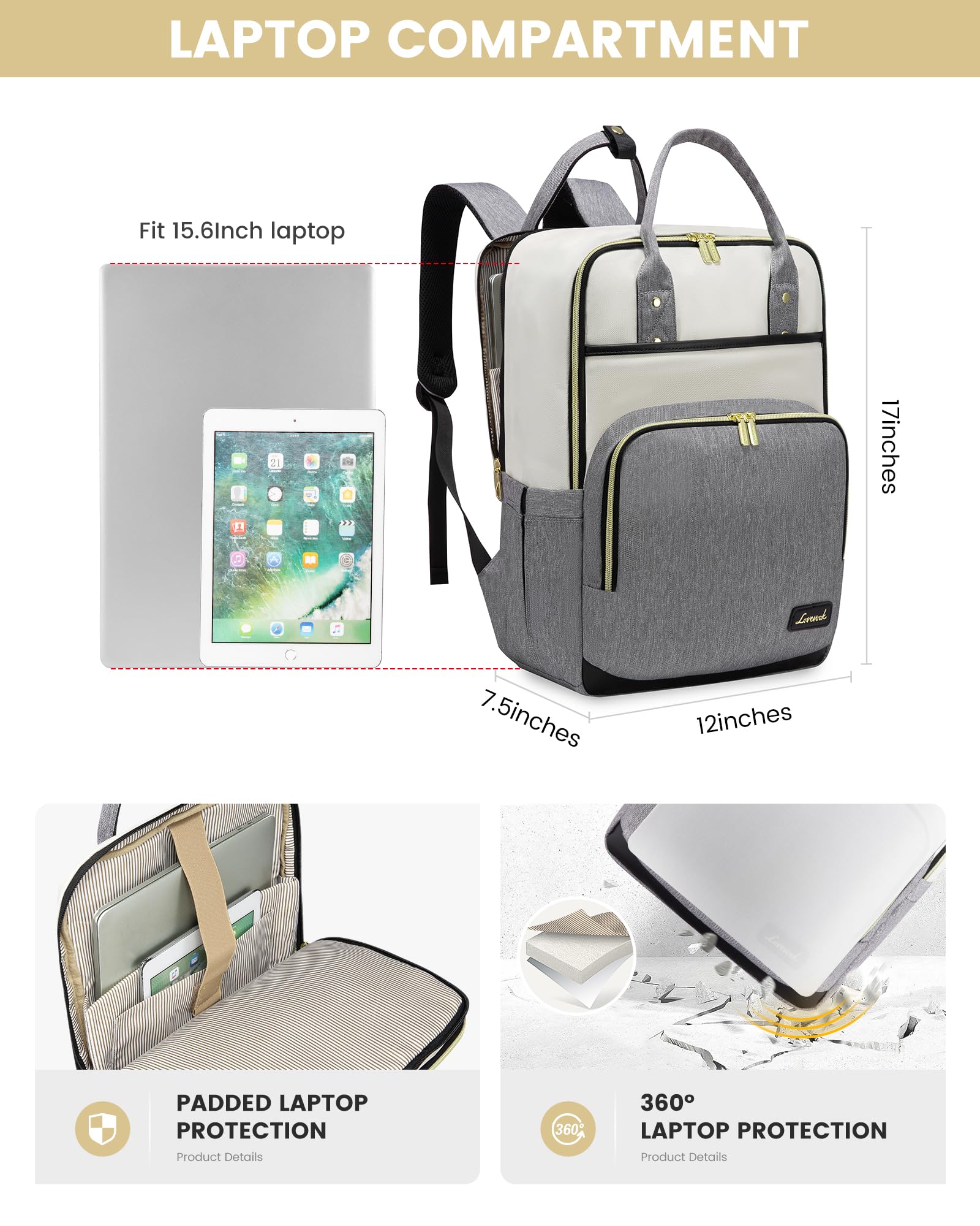 LOVEVOOK Laptop Backpack for Women 15.6 Inch, Travel Backpack Personal Item Size Carry On Bag, Women’S Computer Backpack Work Laptop Bag With Water-Resistant, College Backpack Teacher Nurse Bag, Grey