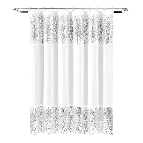 Lush Decor 1 Shimmer Sequins Shower Curtain | Chic Sparkle Design for Bathroom, 70β x 72β, Silver and White, 70" x 72"