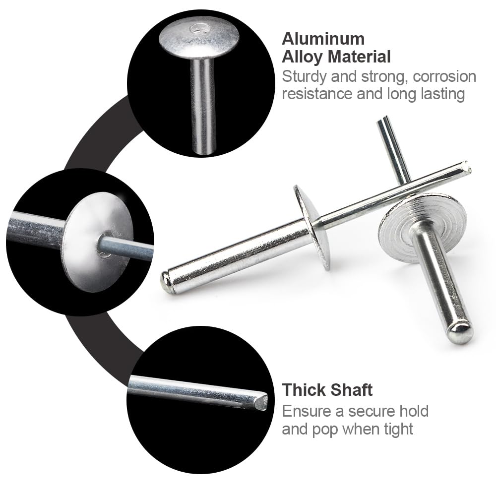 PAGOW 3/16 x 1 Inch (4.8x25mm) Flange Aluminum Blind Rivet, Large Self-Plugging Open End Decorating Fastener Nails Pop Rivets, Core Pulling Rivets Grip Pange 11/16-3/4 Inch (17.4-19mm) (60 Pcs)