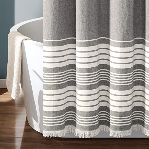 Lush Decor, Gray Nantucket Yarn Dyed Cotton Tassel Fringe Shower Curtain, 72" x 72"