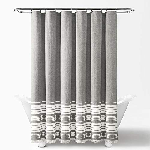 Lush Decor, Gray Nantucket Yarn Dyed Cotton Tassel Fringe Shower Curtain, 72" x 72"