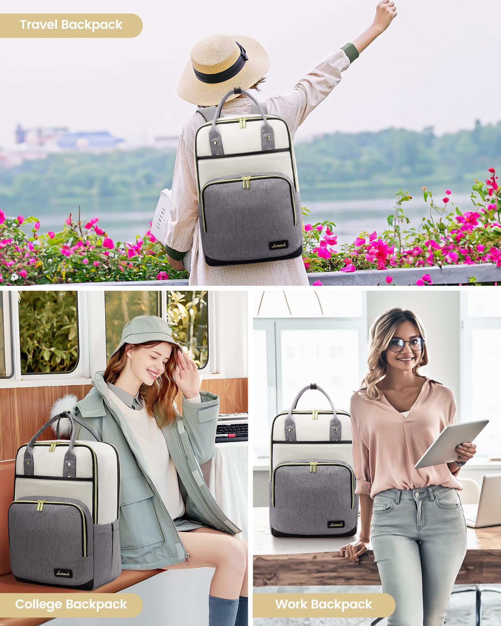 LOVEVOOK Laptop Backpack for Women 15.6 Inch, Travel Backpack Personal Item Size Carry On Bag, Women’S Computer Backpack Work Laptop Bag With Water-Resistant, College Backpack Teacher Nurse Bag, Grey