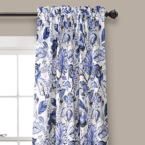 Lush Decor Cynthia Jacobean Room Darkening Window Panel Curtain Set (Pair), 84" L, Blue, 2 Count