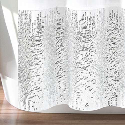 Lush Decor 1 Shimmer Sequins Shower Curtain | Chic Sparkle Design for Bathroom, 70β x 72β, Silver and White, 70" x 72"