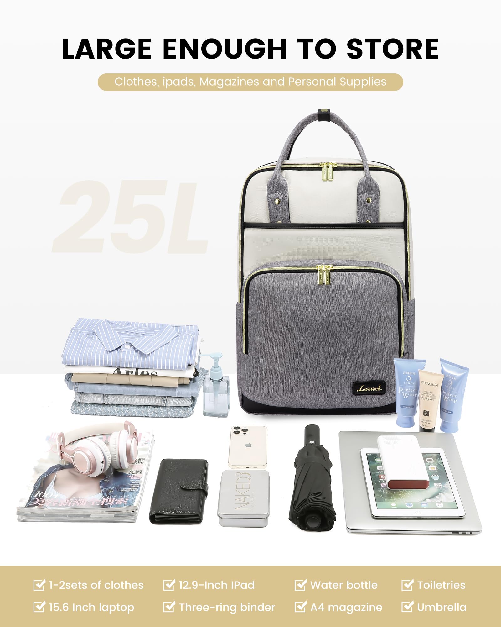 LOVEVOOK Laptop Backpack for Women 15.6 Inch, Travel Backpack Personal Item Size Carry On Bag, Women’S Computer Backpack Work Laptop Bag With Water-Resistant, College Backpack Teacher Nurse Bag, Grey