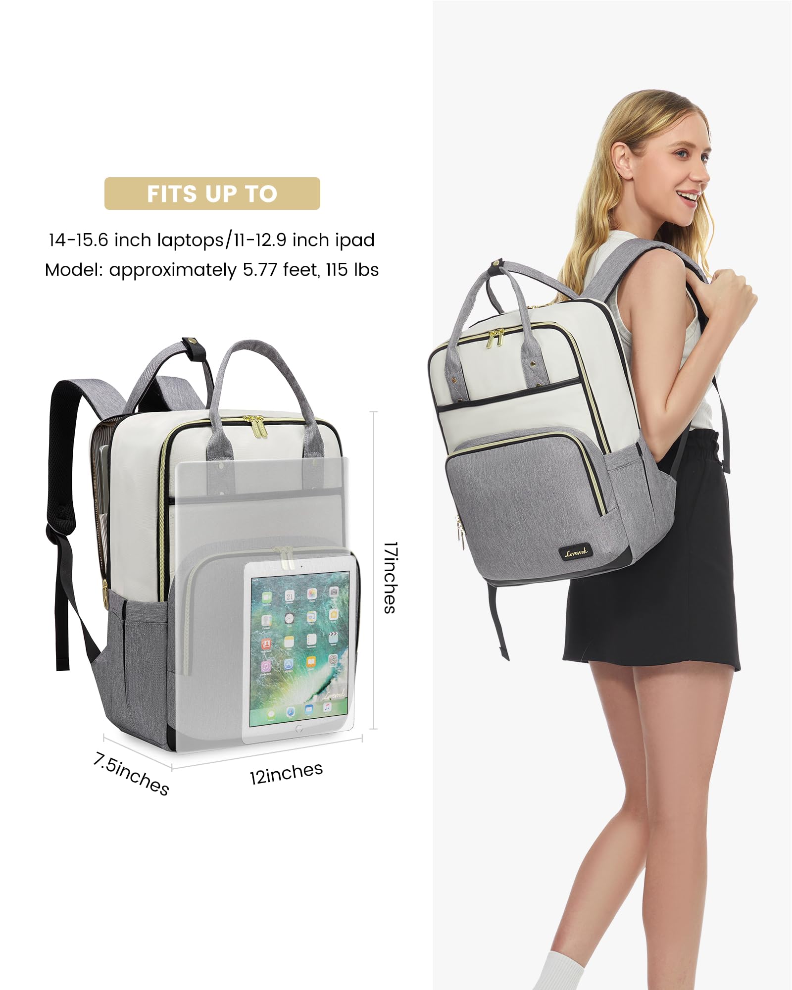 LOVEVOOK Laptop Backpack for Women 15.6 Inch, Travel Backpack Personal Item Size Carry On Bag, Women’S Computer Backpack Work Laptop Bag With Water-Resistant, College Backpack Teacher Nurse Bag, Grey
