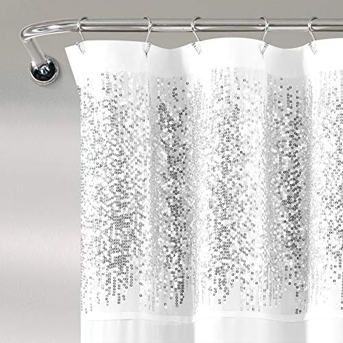 Lush Decor 1 Shimmer Sequins Shower Curtain | Chic Sparkle Design for Bathroom, 70β x 72β, Silver and White, 70" x 72"