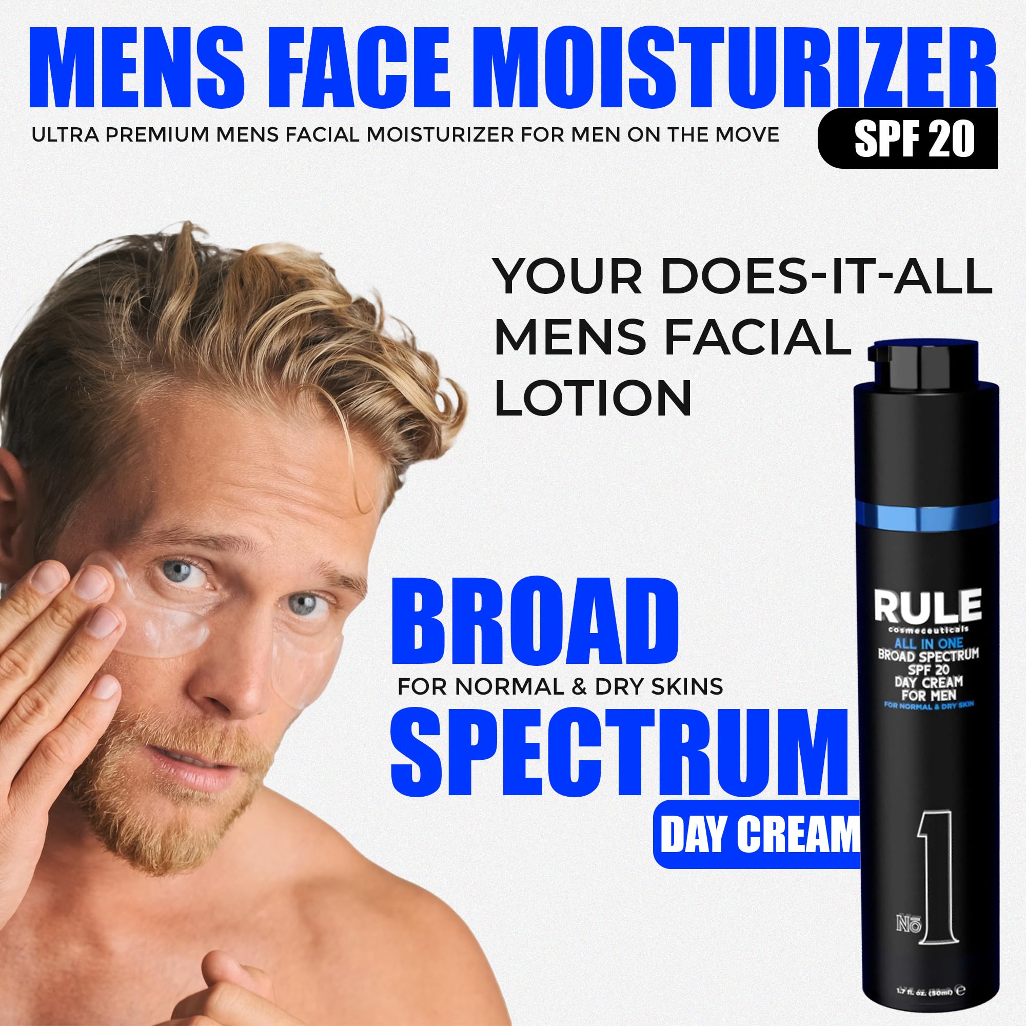 RULE COSMECEUTICALS - No.1 Day Cream, Face Moisturizer for Men, SPF 20, 10-in-1 Men’s Face Cream, Sunscreen for Normal to Dry Skin, Men’s Grooming, Collagen, Vitamin B, C, E, 50 mL