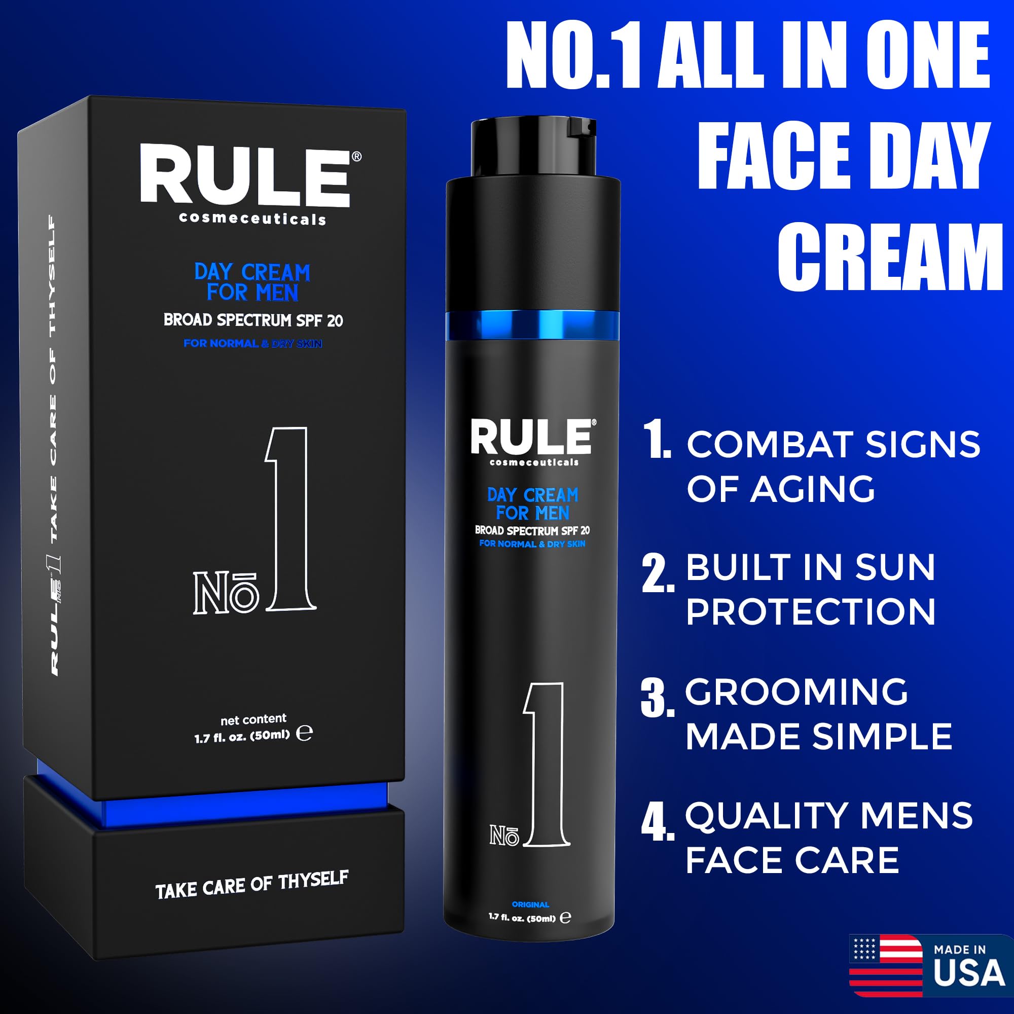 RULE COSMECEUTICALS - No.1 Day Cream, Face Moisturizer for Men, SPF 20, 10-in-1 Men’s Face Cream, Sunscreen for Normal to Dry Skin, Men’s Grooming, Collagen, Vitamin B, C, E, 50 mL