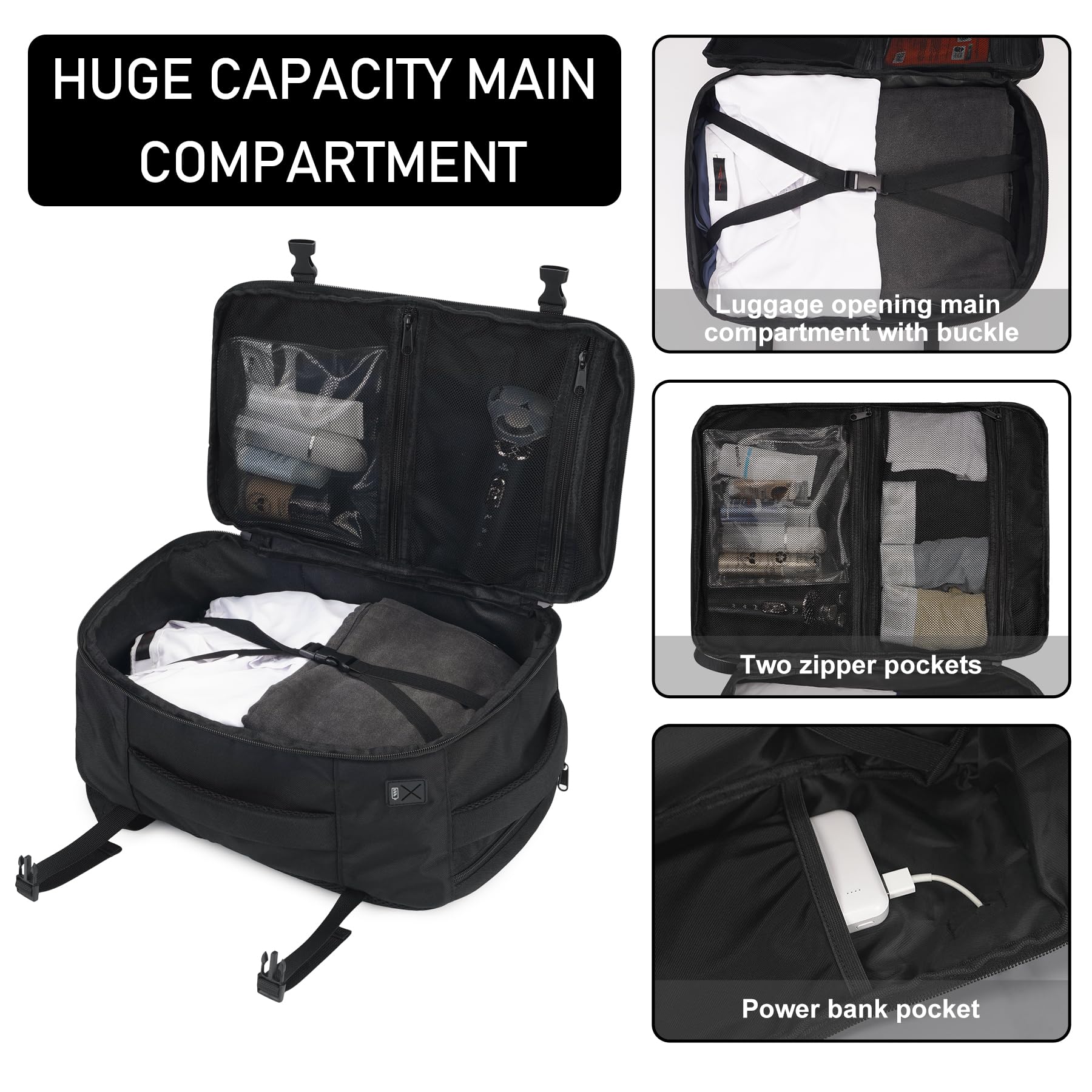 ECOHUB Travel Backpack 18x14x8 Spirit Airlines Personal Item Bag Carry On Backpack 13 Pockets Large Work Casual Daypack for men Airline Approved Waterproof Gym Backpack with Charging Port, Black