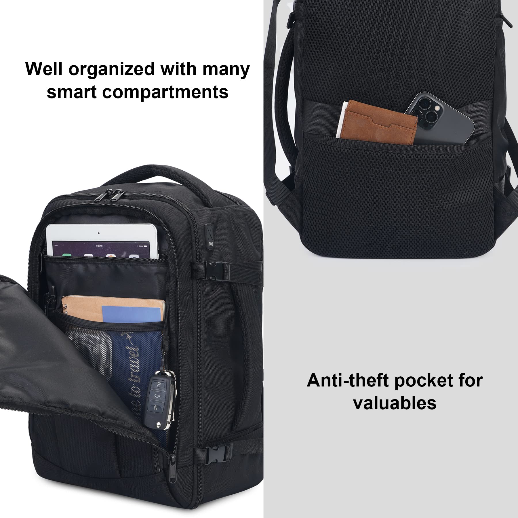 ECOHUB Travel Backpack 18x14x8 Spirit Airlines Personal Item Bag Carry On Backpack 13 Pockets Large Work Casual Daypack for men Airline Approved Waterproof Gym Backpack with Charging Port, Black