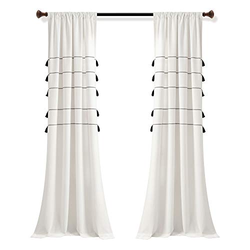 Lush Decor Farmhouse Boho Stripe Woven Tassel Yarn Dyed Cotton Window Curtain Panel Pair, 42" x 84" , Ivory & Black