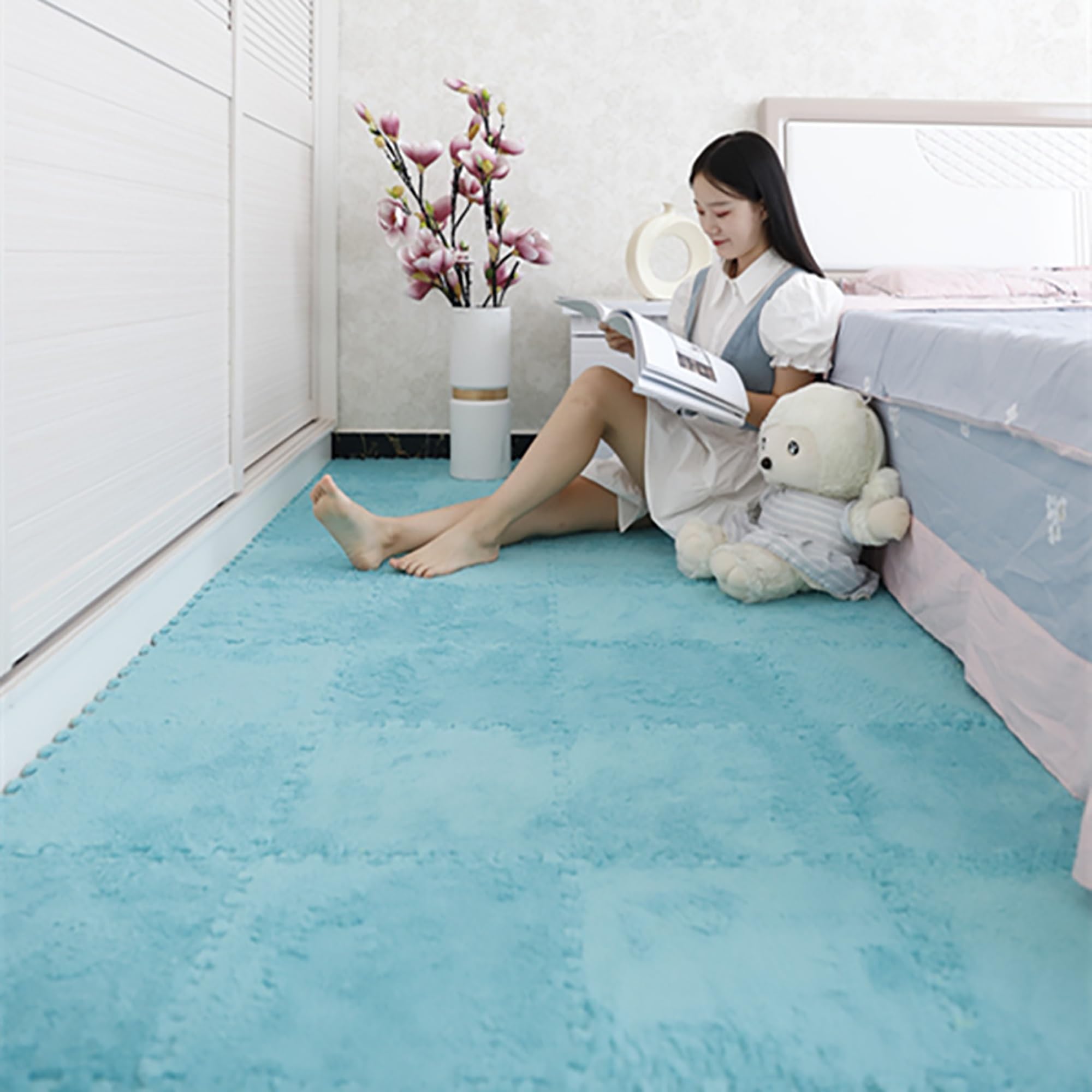 Funnyfuzzy Interlocking Carpet,Dog Blanket Soft Pet Bed Cover, Plush Foam mat, Shaggy Soft EVA Foam Mats Fluffy Area Rugs Protective Floor Tiles Exercise Play Mat for Kids Room Home Parlor Bedroom (C