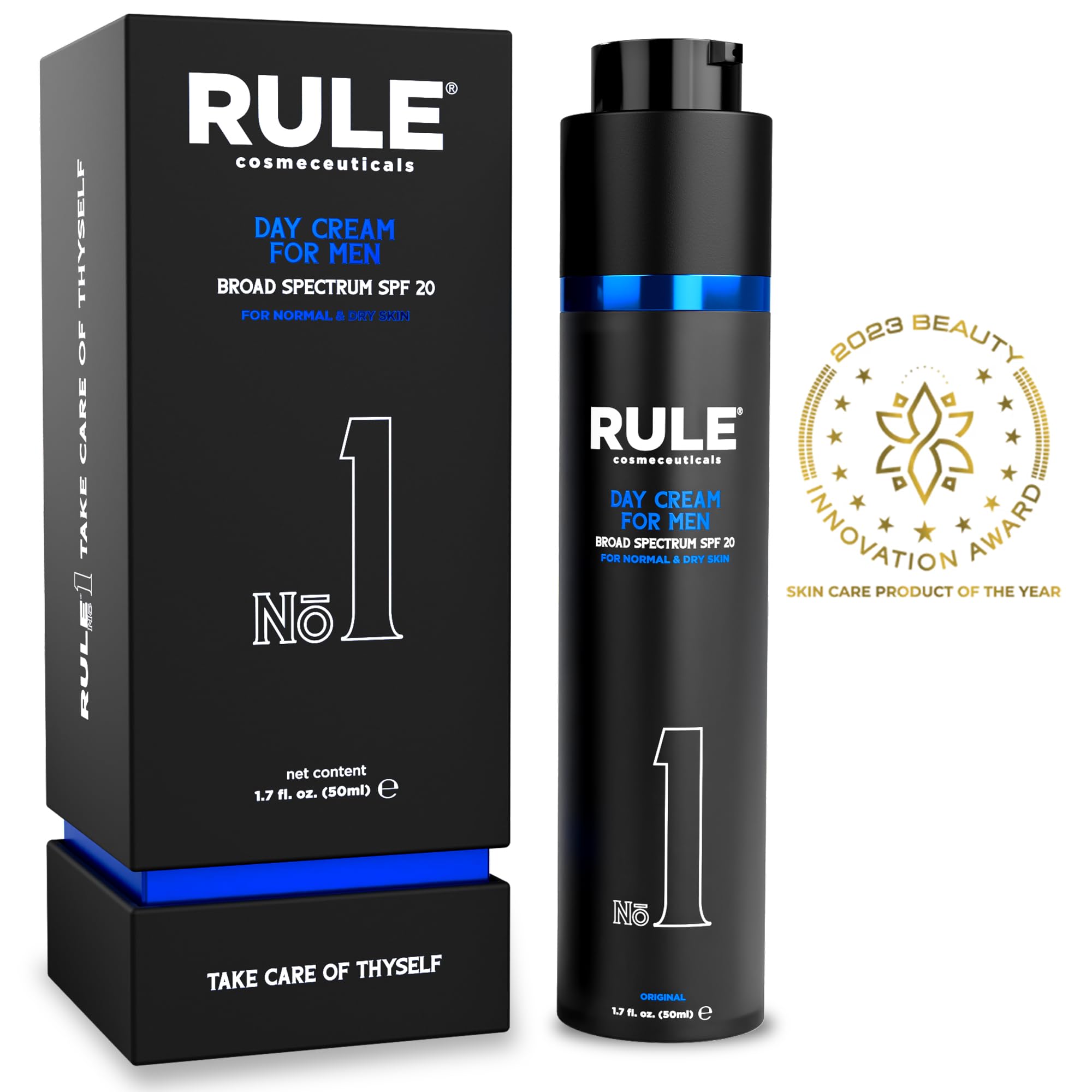 RULE COSMECEUTICALS - No.1 Day Cream, Face Moisturizer for Men, SPF 20, 10-in-1 Men’s Face Cream, Sunscreen for Normal to Dry Skin, Men’s Grooming, Collagen, Vitamin B, C, E, 50 mL