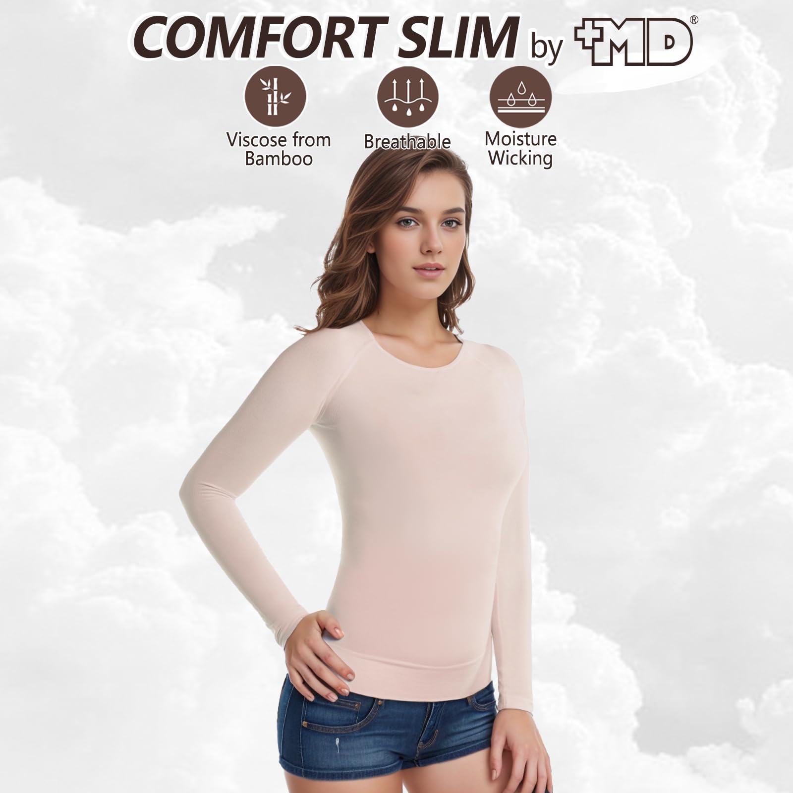 +MD Womens Long Sleeve Undershirts Tops, Round Neck Slim Fit Baselayer, Soft Thermal Underwear, Light Compression Shirt Underscrubs Nude X-Large