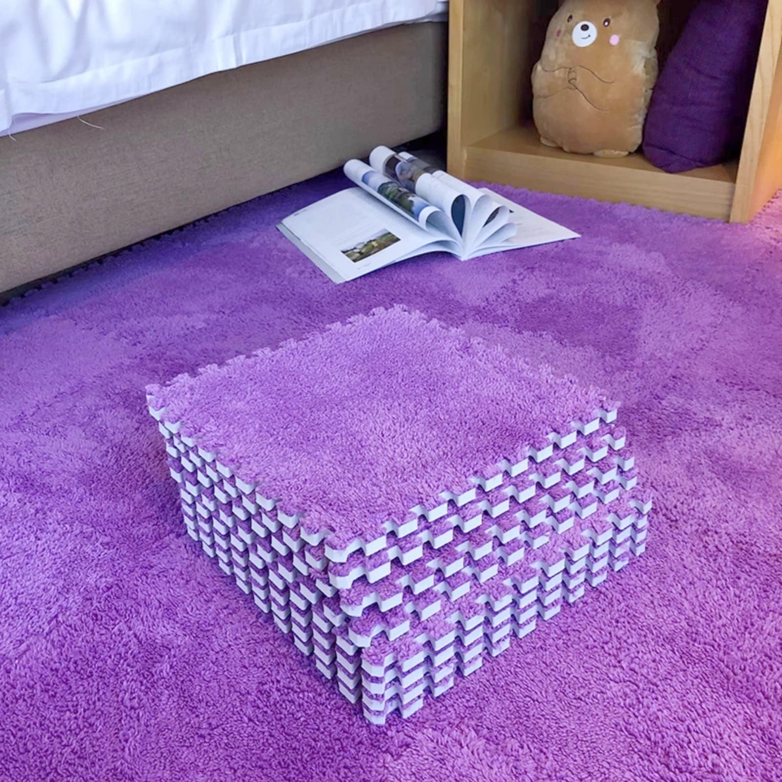 Funnyfuzzy Interlocking Carpet,Dog Blanket Soft Pet Bed Cover, Plush Foam mat, Shaggy Soft EVA Foam Mats Fluffy Area Rugs Protective Floor Tiles Exercise Play Mat for Kids Room Home Parlor Bedroom (C
