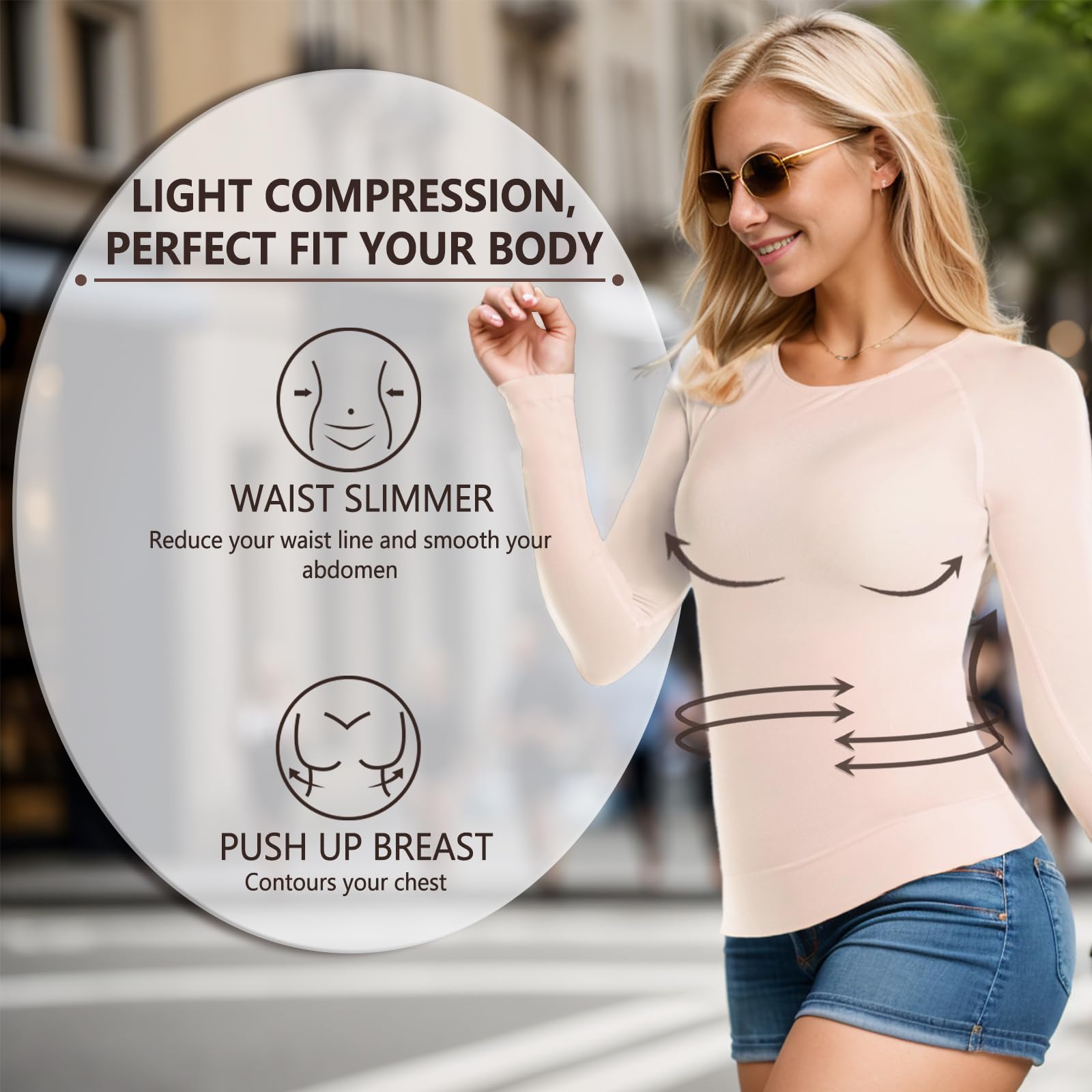 +MD Womens Long Sleeve Undershirts Tops, Round Neck Slim Fit Baselayer, Soft Thermal Underwear, Light Compression Shirt Underscrubs Nude X-Large