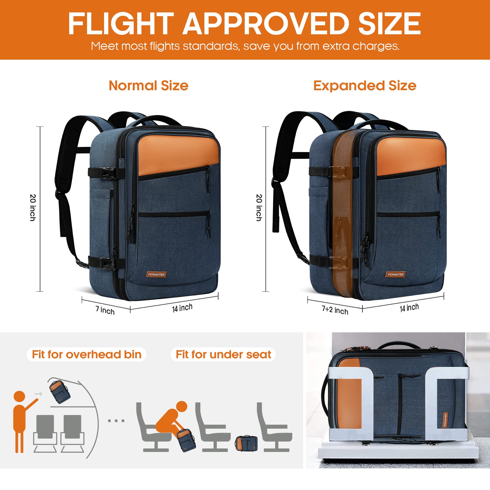 POWAITER Large Travel Backpack for Women Men Fits 17 Inch Laptop, Airline Approved Carry On Backpack with 4 Packing Cubes-Navy